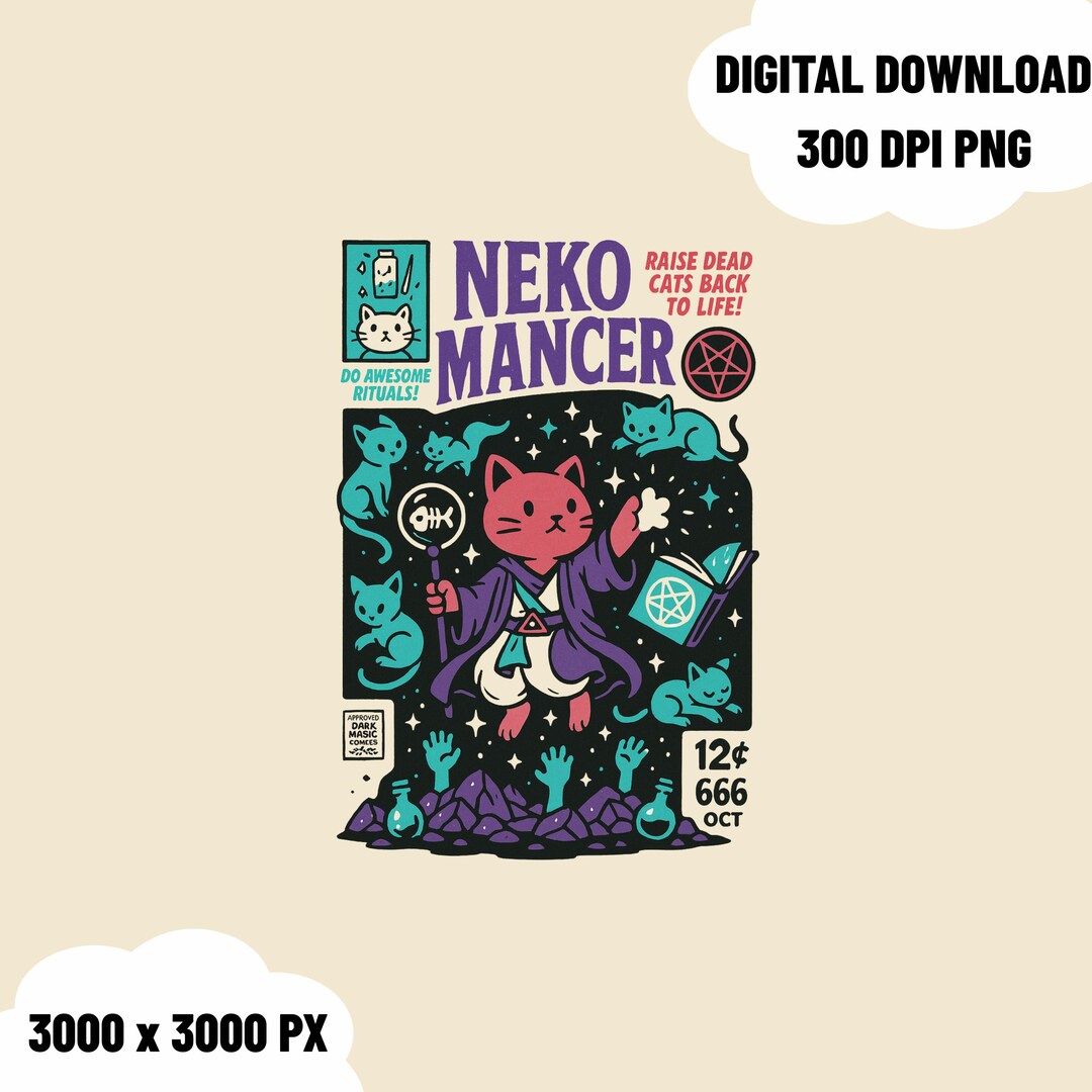 Nekomancer PNG Retro Comic Cat Wizard Clipart Occult Magic Design Cute ...