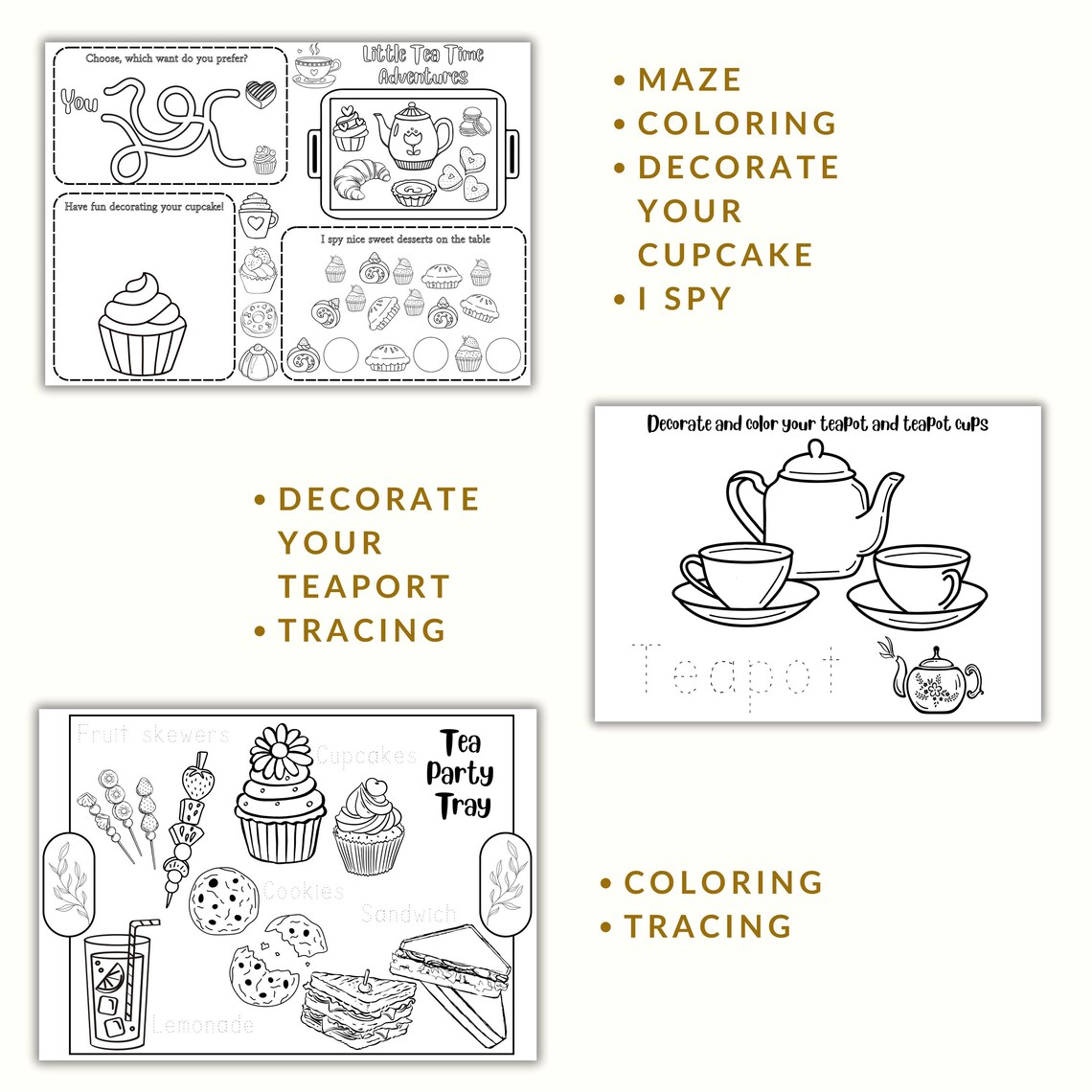 Kids Tea Party Coloring Sheet With I Spy and Maze, Printable Teatime ...