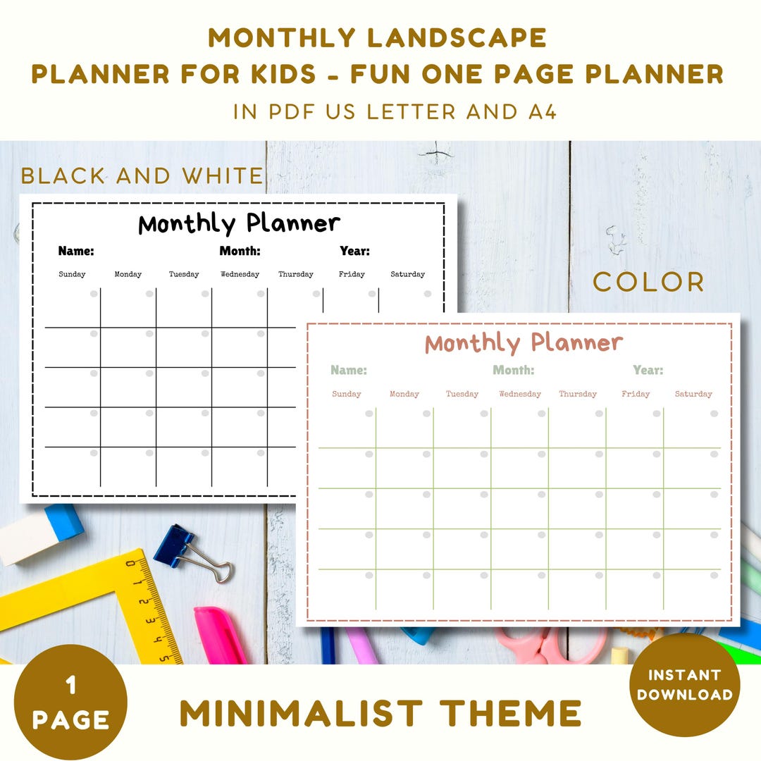 Back to School Undated Monthly Landscape Planner for Kids, Minimalist ...