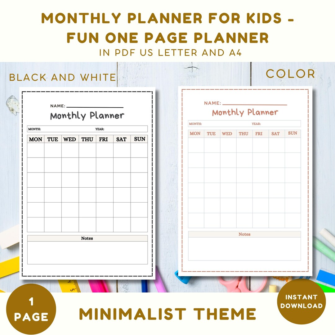 Back to School Undated Monthly Planner for Kids, Minimalist Theme ...
