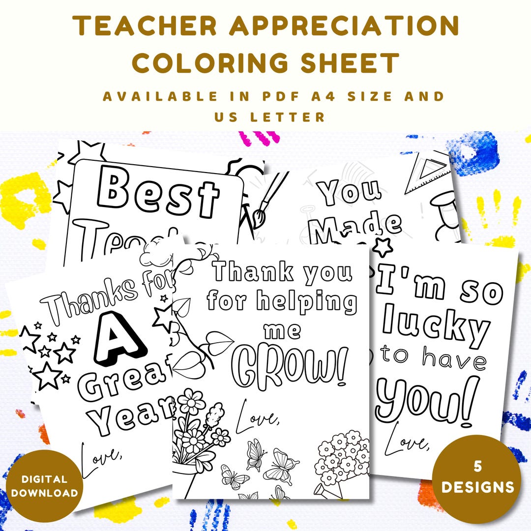Teacher Appreciation Coloring Sheets Set of 5, Thank You Coloring Pages ...