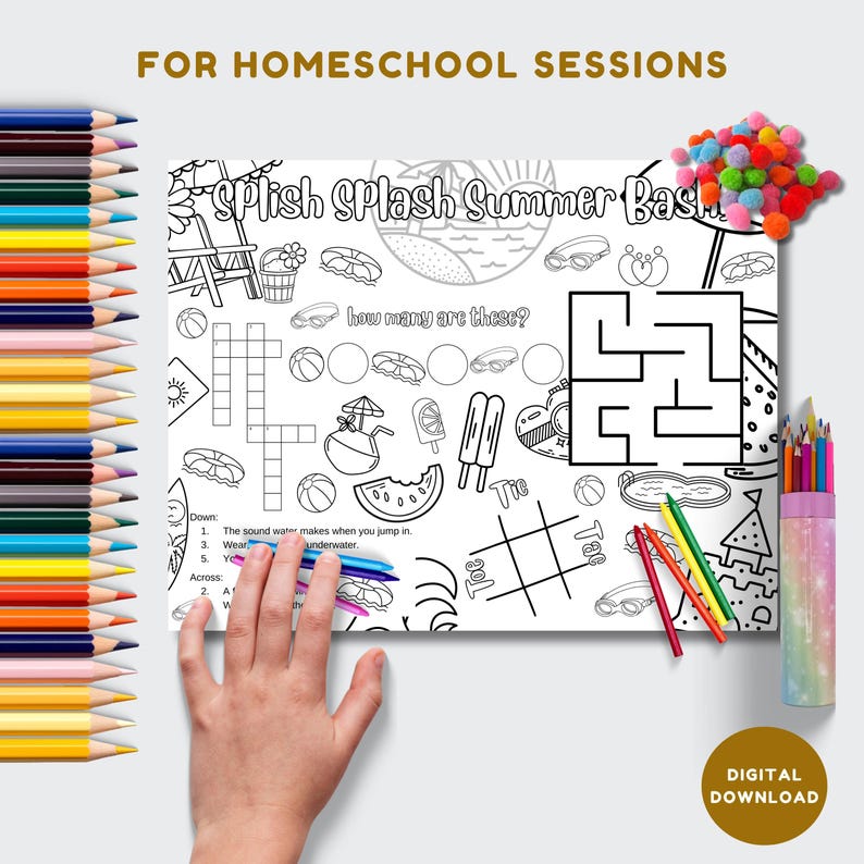 Summer Coloring Pages and Activity Placemats Bundle – 24 Printable ...