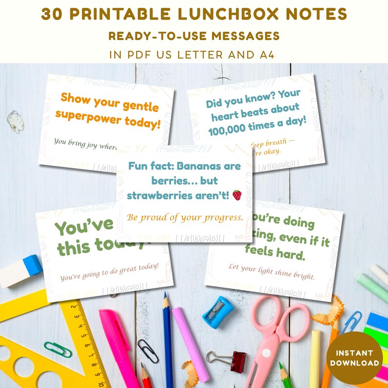 Lunchbox Notes for Kids, Printable Daily Affirmation & Fun Fact Cards ...