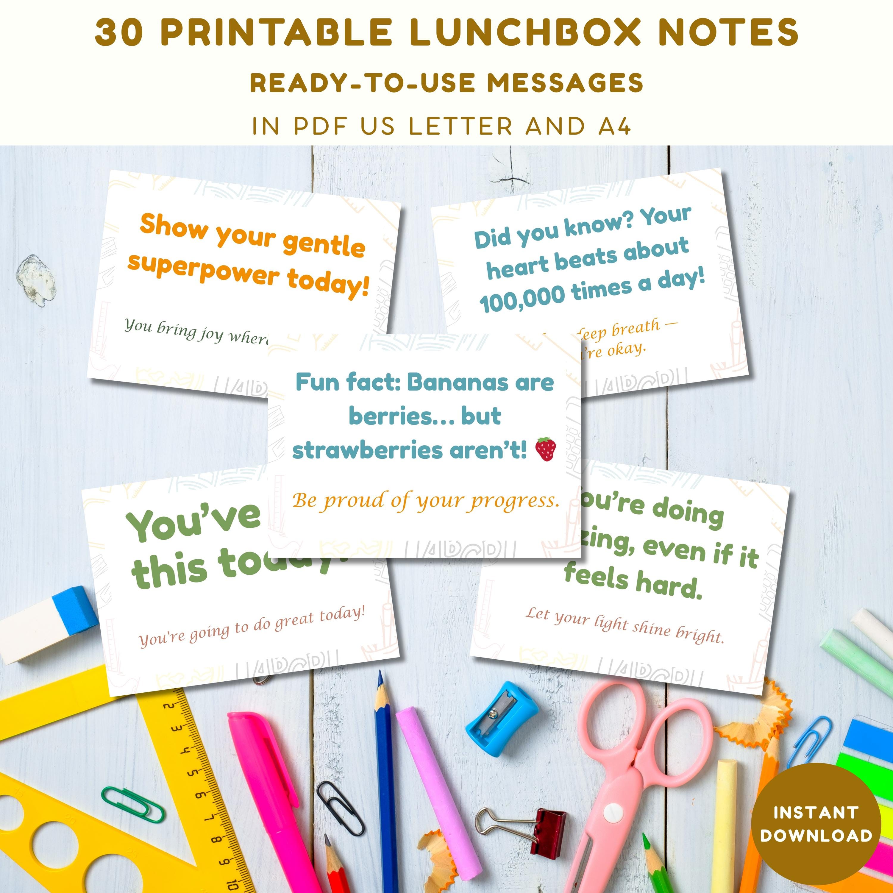 Lunchbox Notes for Kids, Printable Daily Affirmation & Fun Fact Cards ...