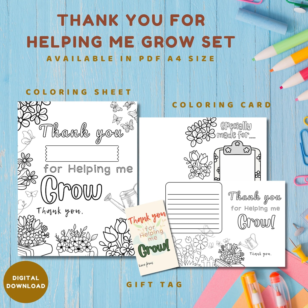 Thank You for Helping Me Grow Gift Tag Set, Printable Coloring Sheet ...