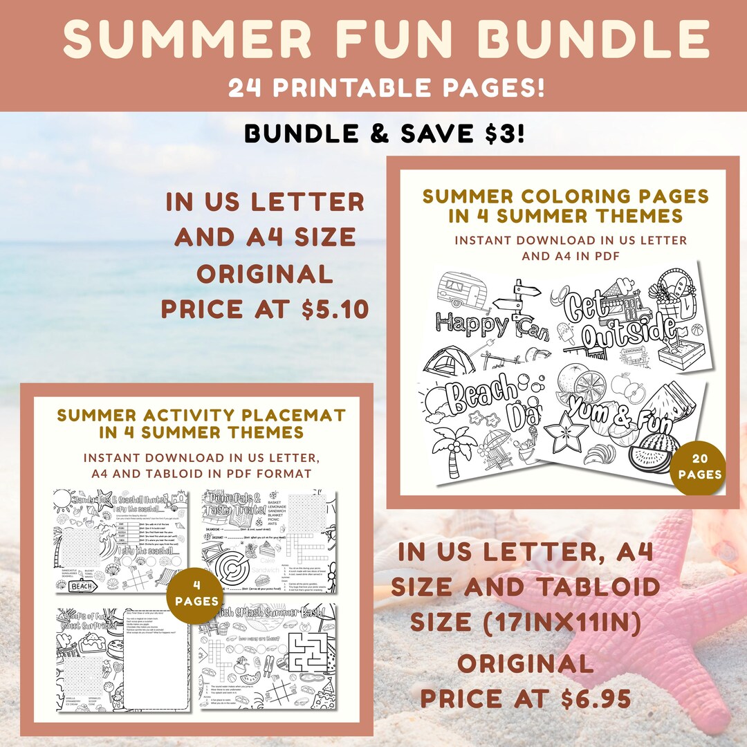 Summer Coloring Pages and Activity Placemats Bundle – 24 Printable ...