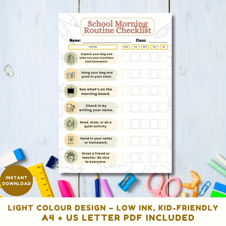 School Morning Routine Poster for Kids, Printable Daily Checklist, Back ...