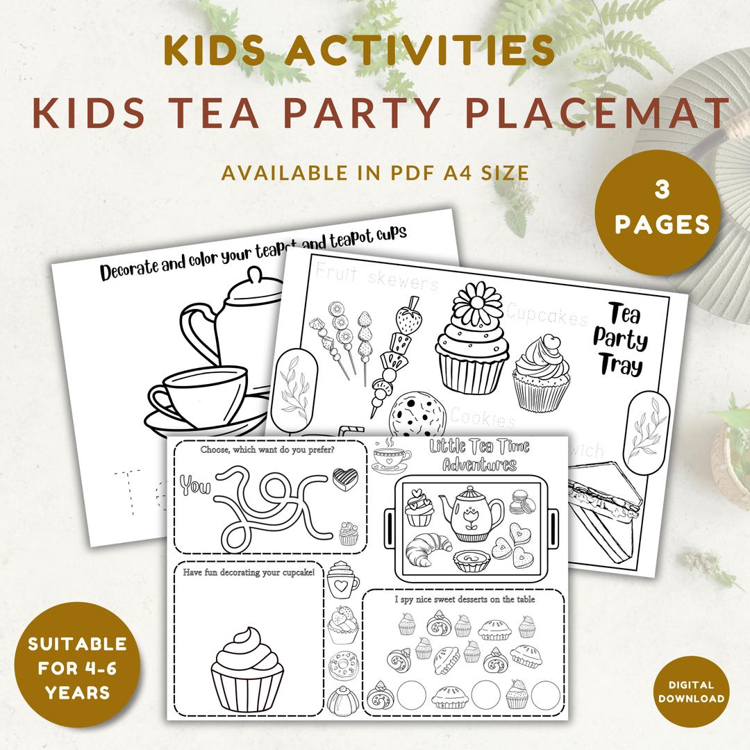 Kids Tea Party Coloring Sheet With I Spy and Maze, Printable Teatime ...