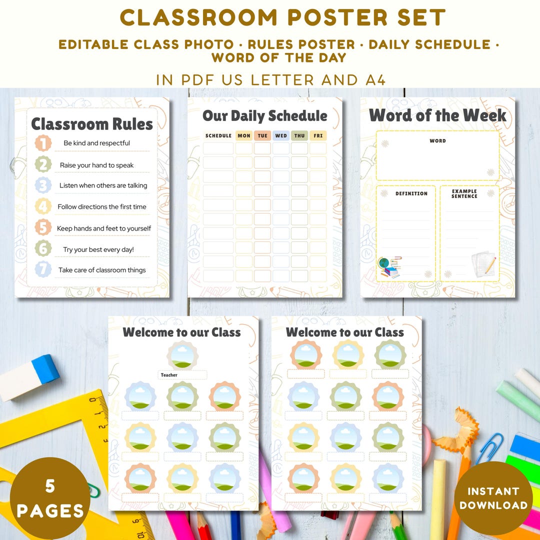 Classroom Poster Set, Printable Rules, Editable Class Photo, Daily ...
