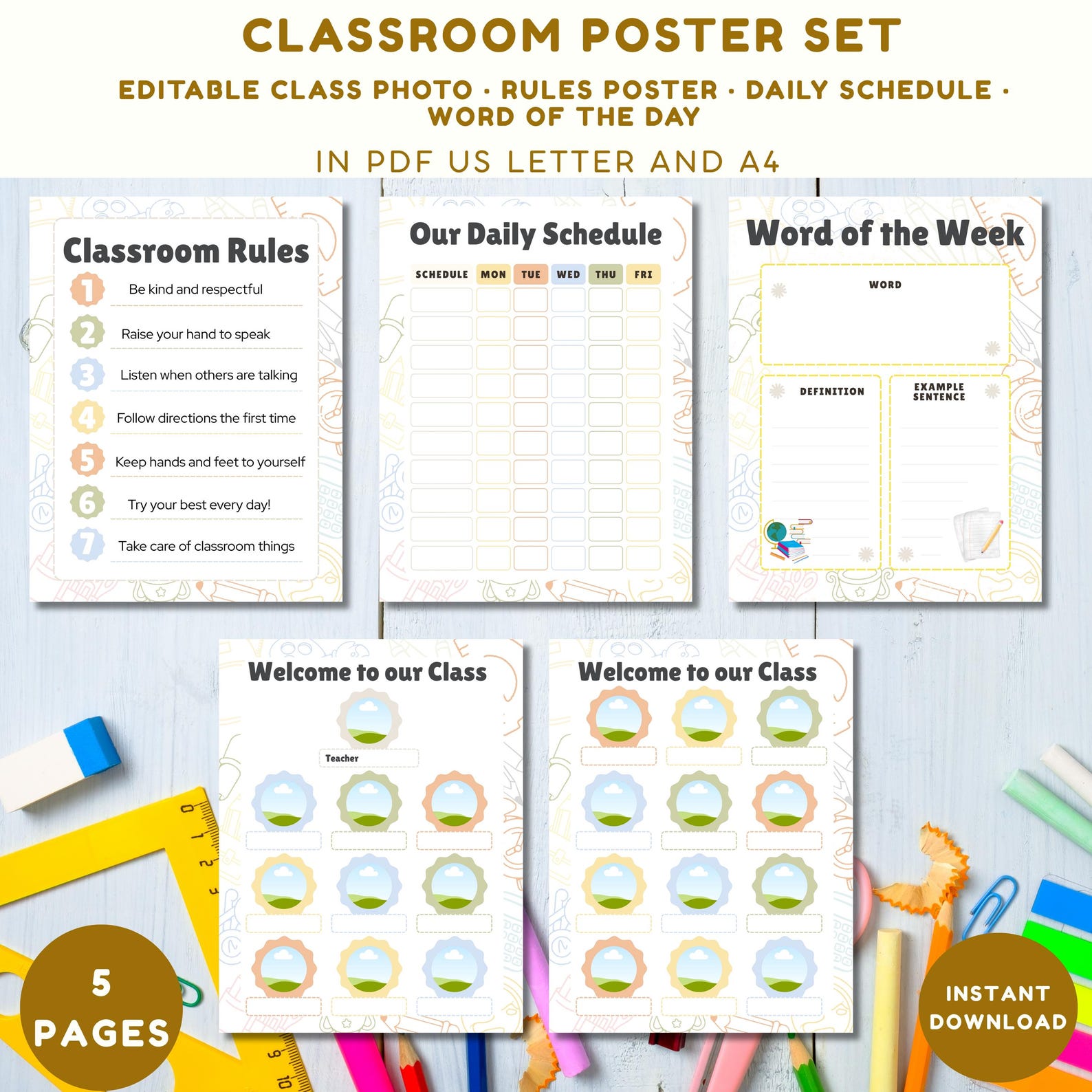 Classroom Poster Set, Printable Rules, Editable Class Photo, Daily ...