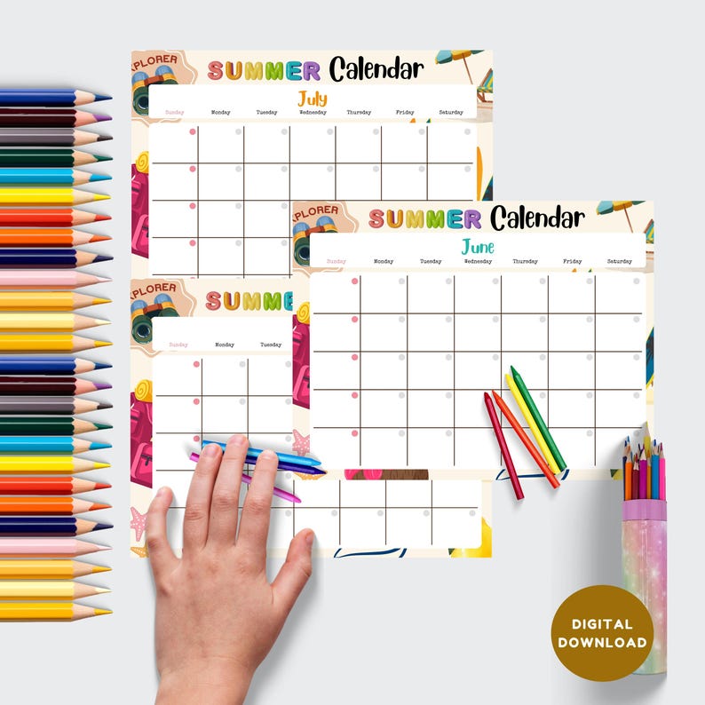 Summer Calendar Undated Printable Poster for Kids – US Letter Monthly ...