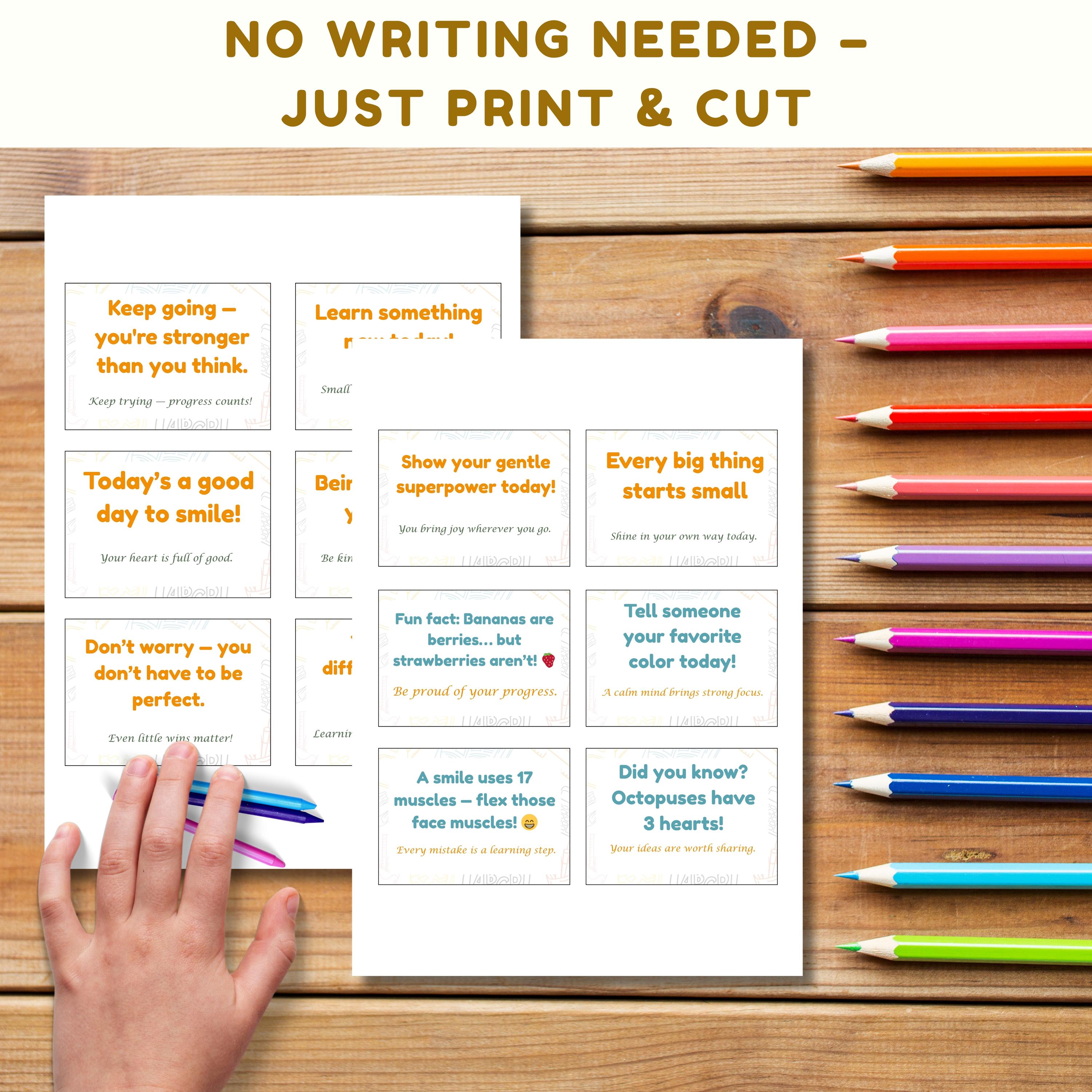 Lunchbox Notes for Kids, Printable Daily Affirmation & Fun Fact Cards ...