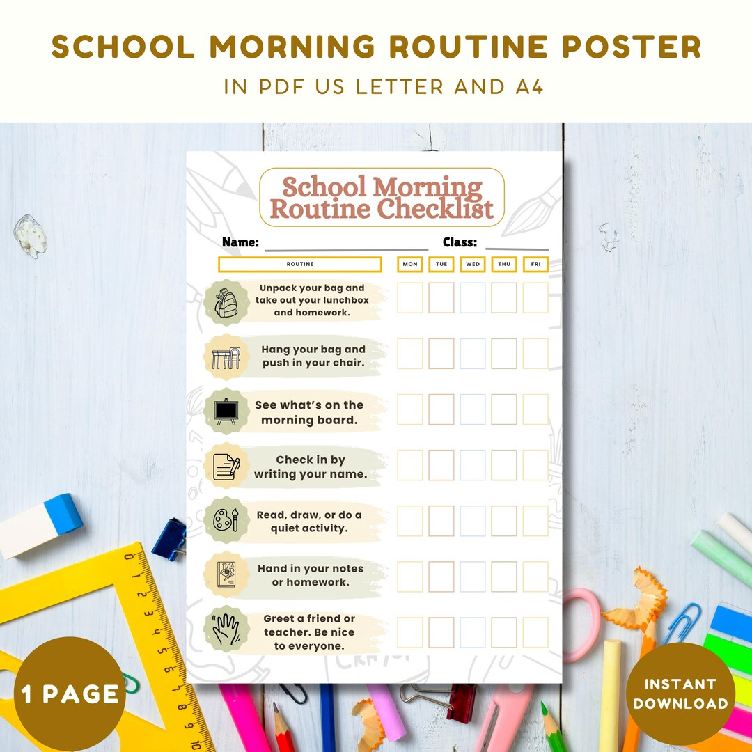 School Morning Routine Poster for Kids, Printable Daily Checklist, Back ...