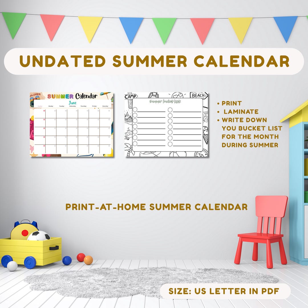 Summer Calendar Undated Printable Poster for Kids – US Letter Monthly ...