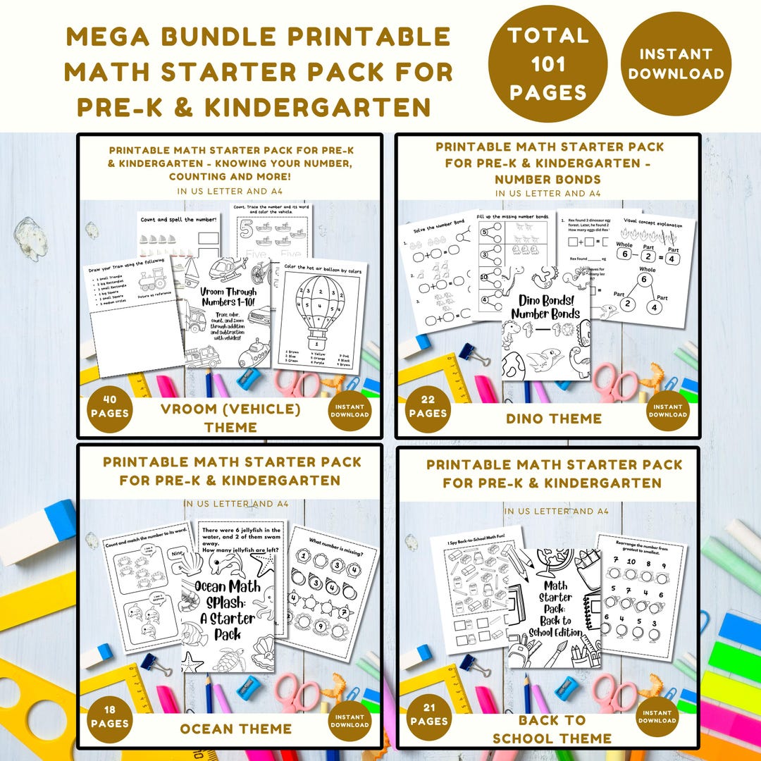 Kindergarten Math Worksheet Mega Bundle, Ocean, Dino, Vehicles & Back ...