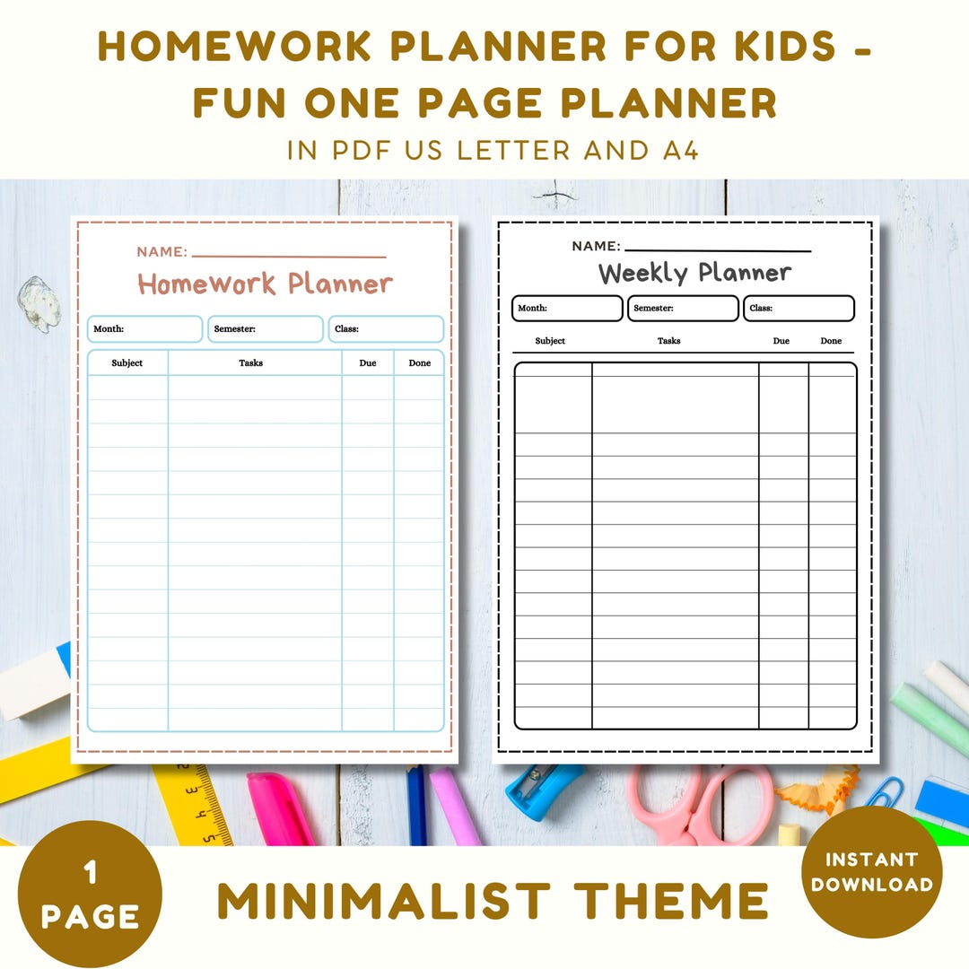 Homework Planner Printable, Minimalist Theme Planner, Homeschool ...