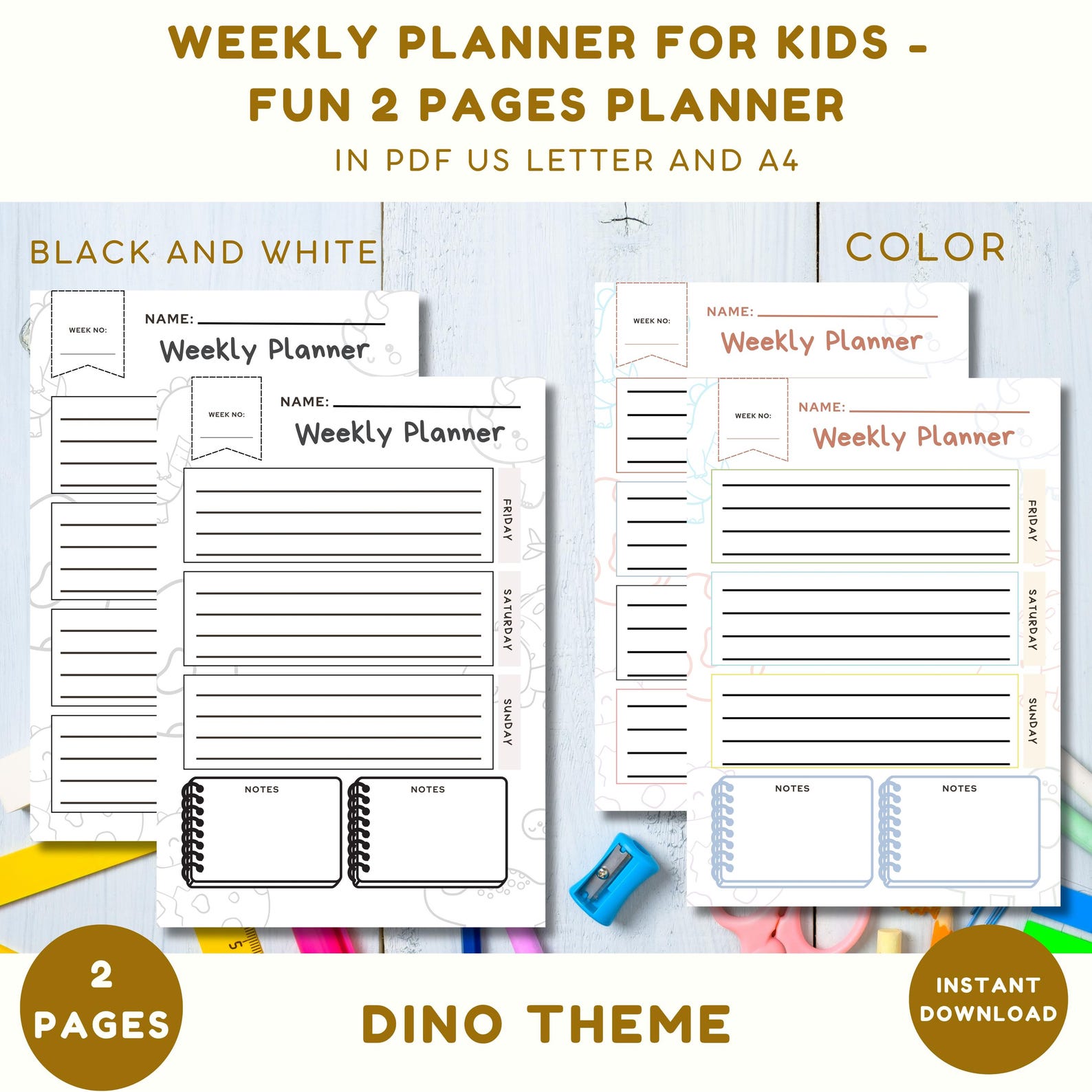 Printable Student Weekly Planner, Dino Theme Planner, Homeschool Weekly ...