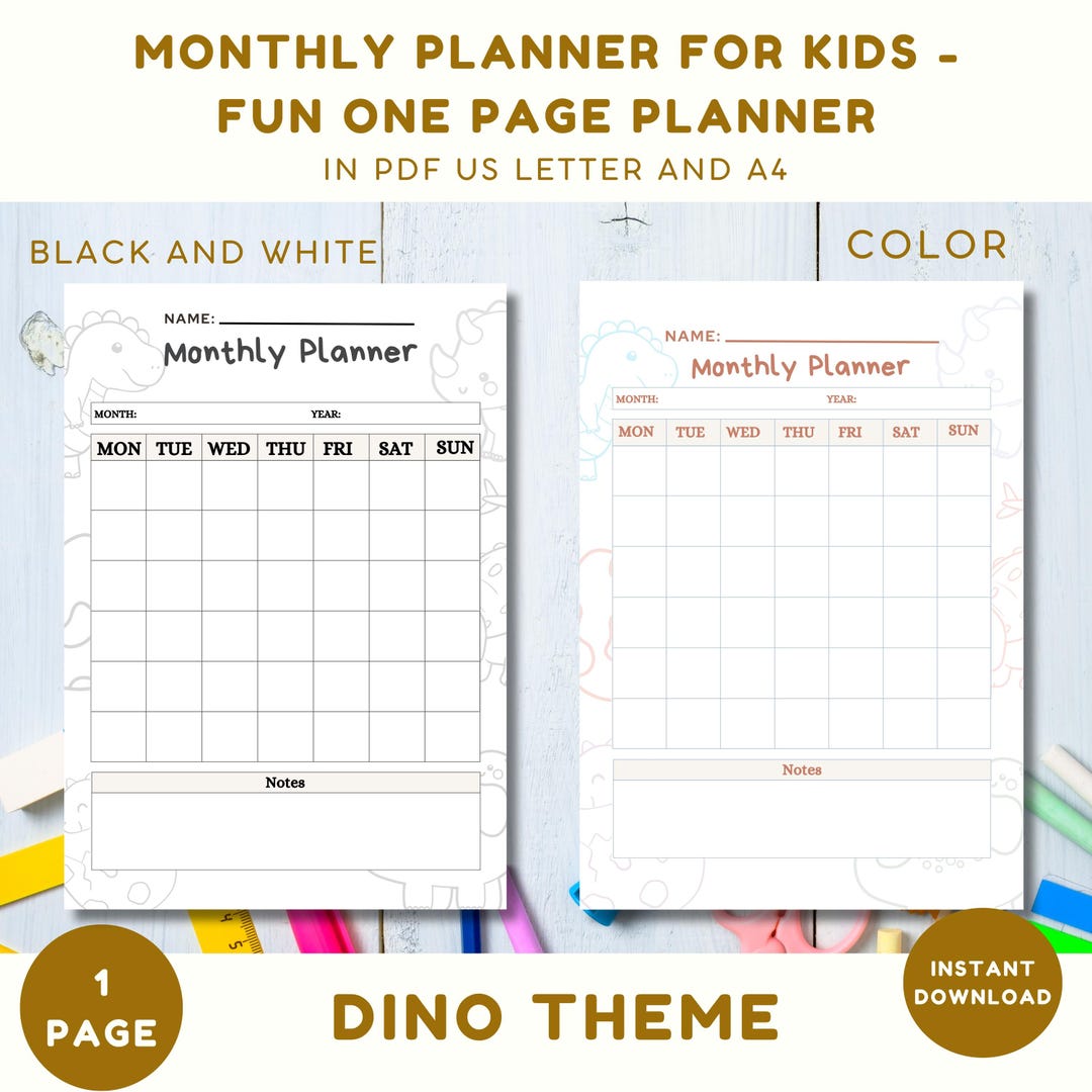 Back to School Undated Monthly Planner for Kids, Dino Theme Calendar ...