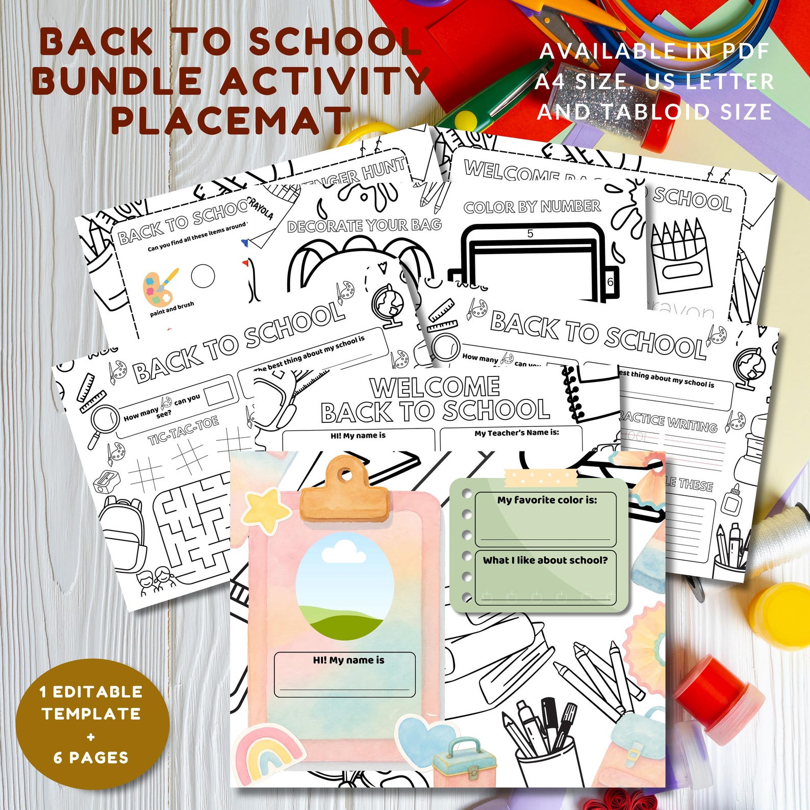Back to School Party Activity Placemat for Kids, First Day of School ...