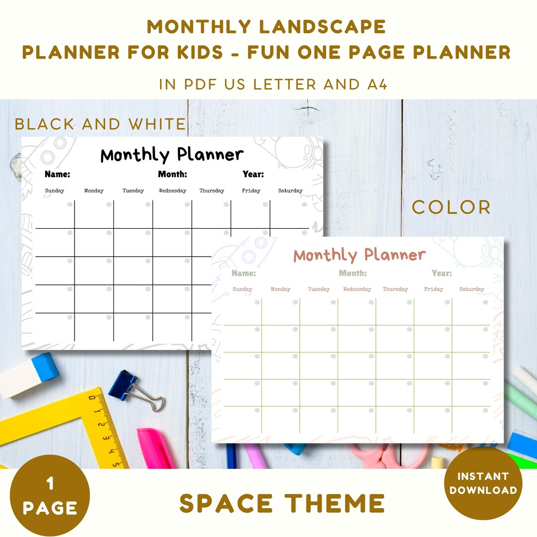 Back to School Undated Monthly Landscape Planner for Kids, Space Theme ...