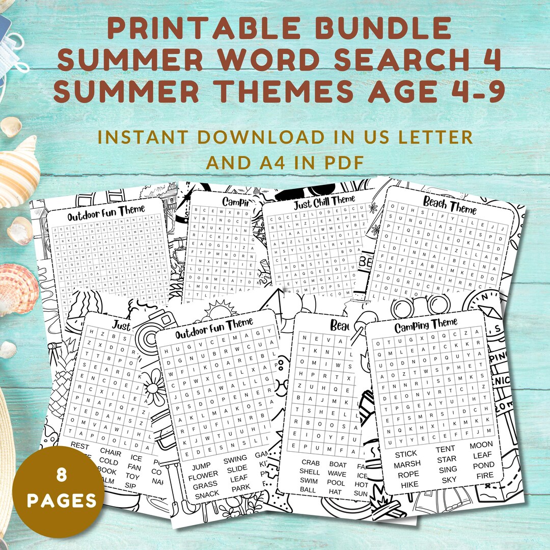 Summer Word Search for Kids Bundle, 8 Fun Printable Puzzles for Ages 4 ...