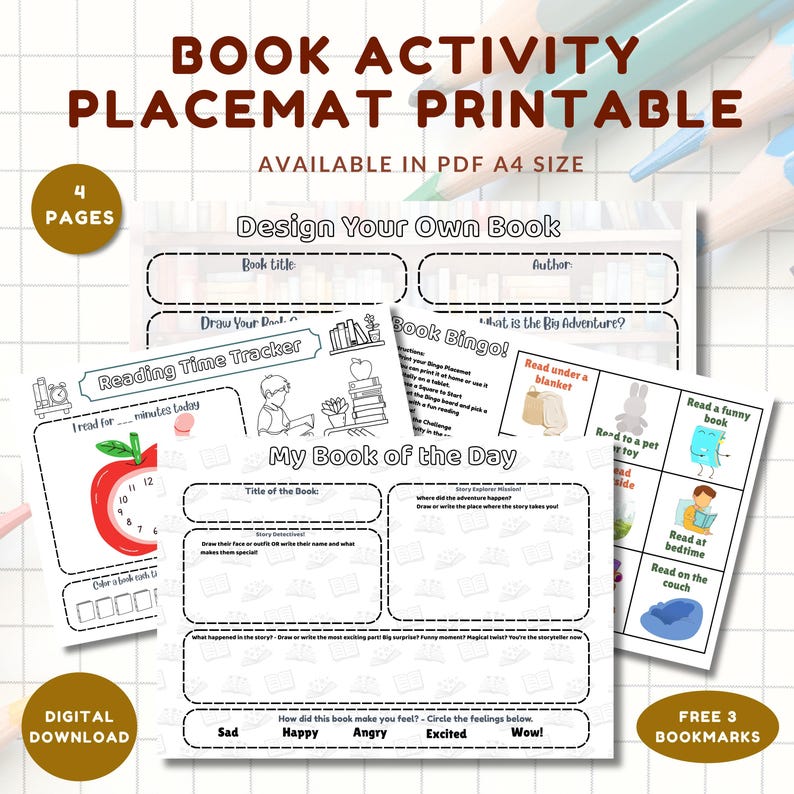 Book Activity Placemat Printable for Kids, Fun Reading Activity Page, I ...