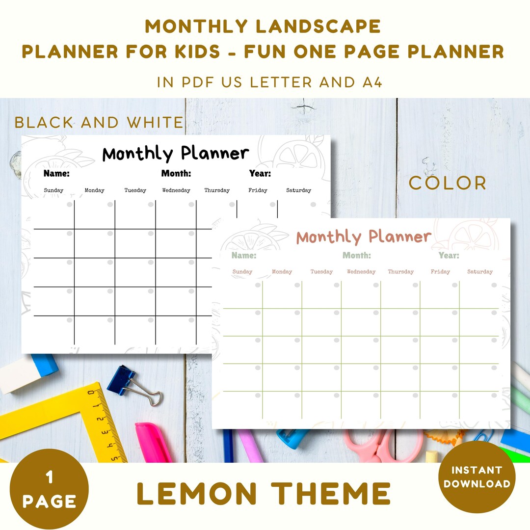 Back to School Undated Monthly Landscape Planner for Kids, Lemon Theme ...