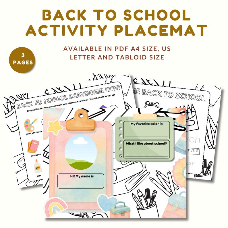 Editable Back to School Printable Placemat for Kids, First Day of ...