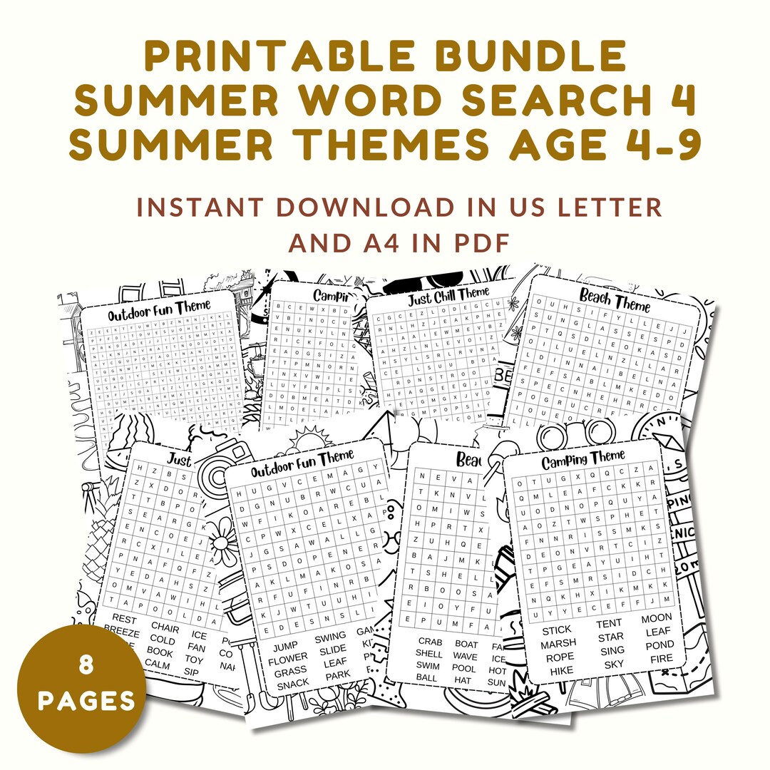Summer Word Search for Kids Bundle, 8 Fun Printable Puzzles for Ages 4 ...