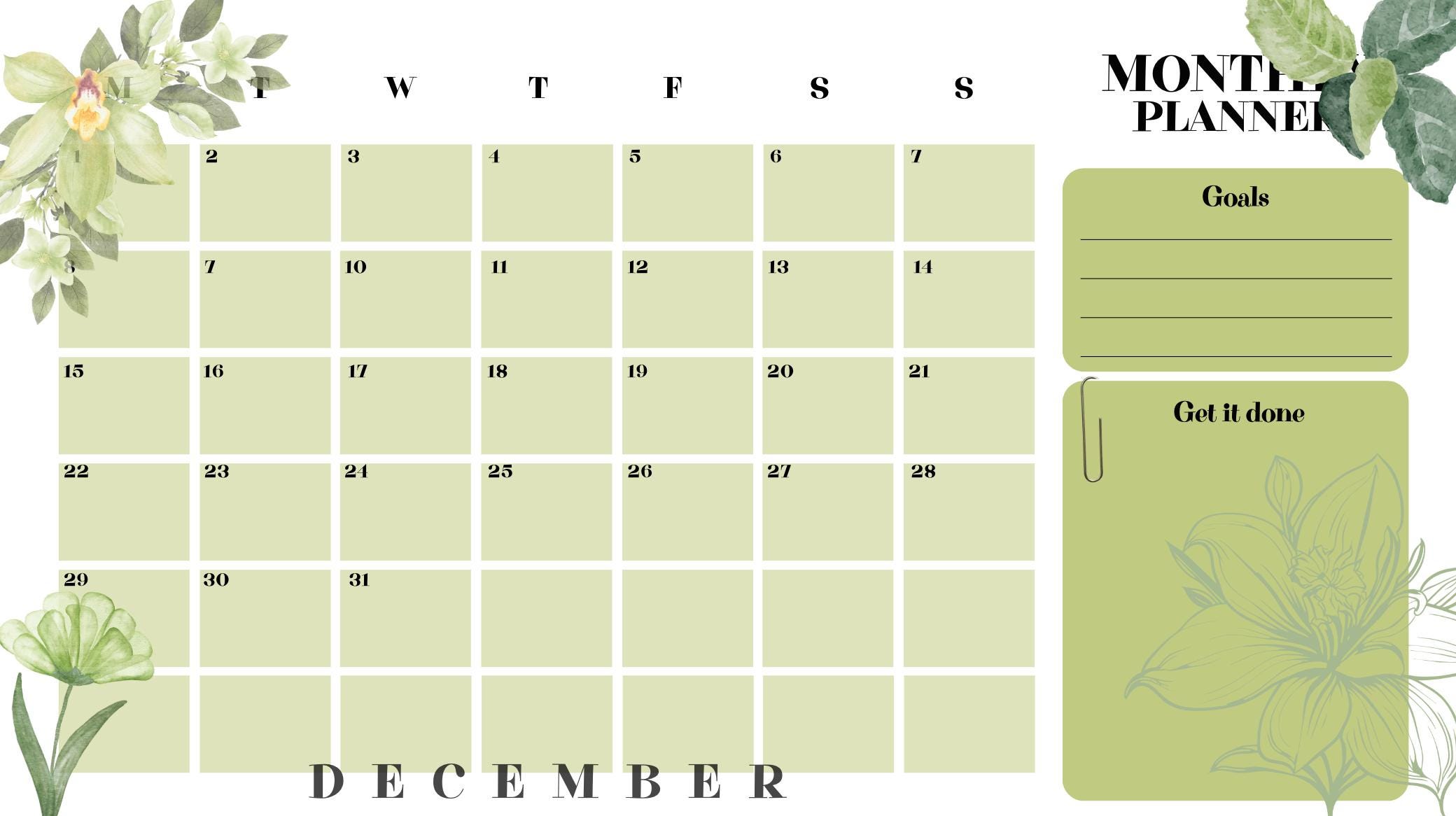 2025 Monthly Planner A4 - Green, Flowers, Watercolours - Etsy