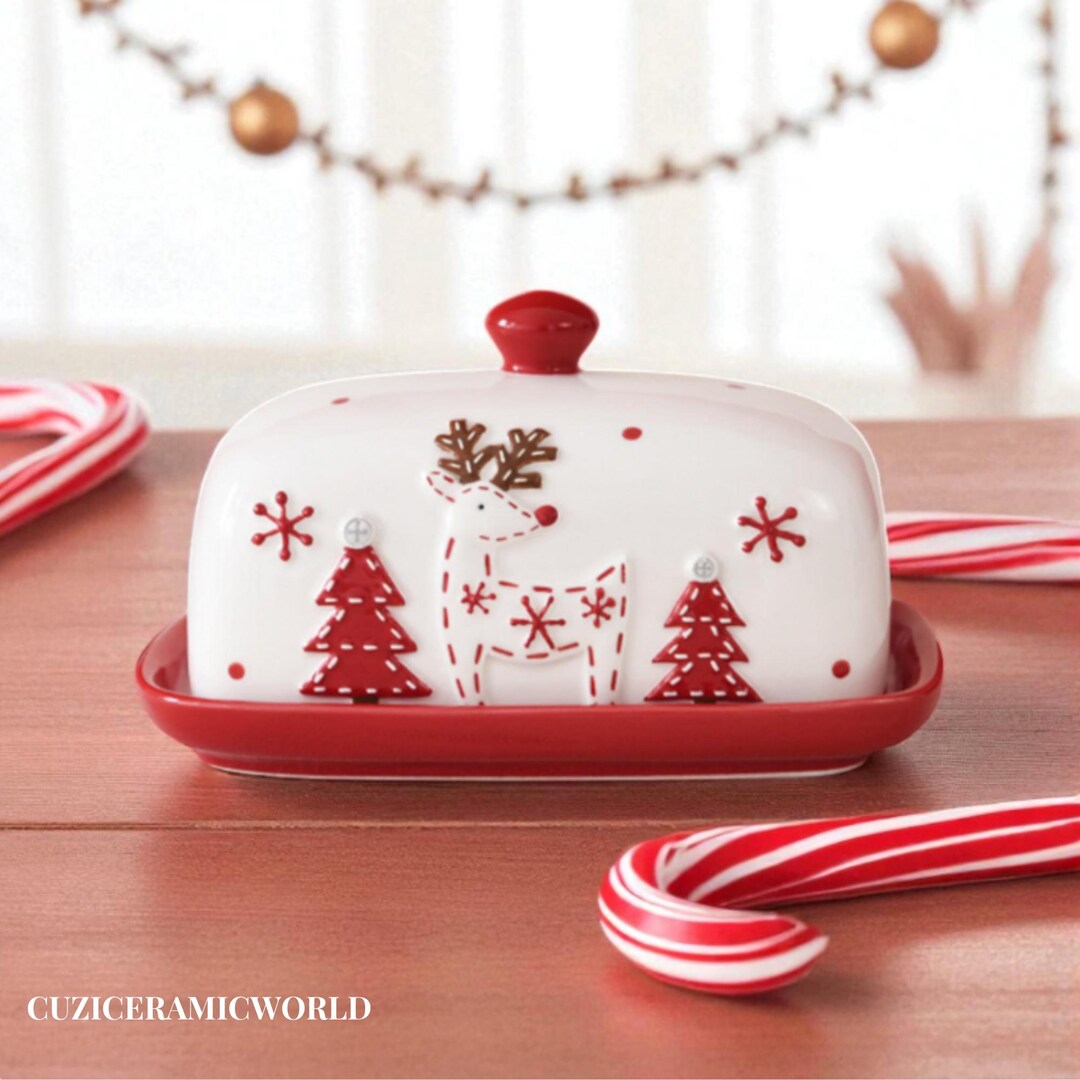 Luxury Scandi Christmas Ceramic Butter Dish – Santa Stitching Design ...