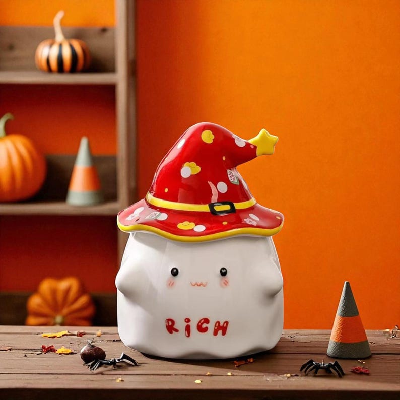Kawaii Ceramic Ghost Candy Jar: Lucky Red Hat Decor - Etsy