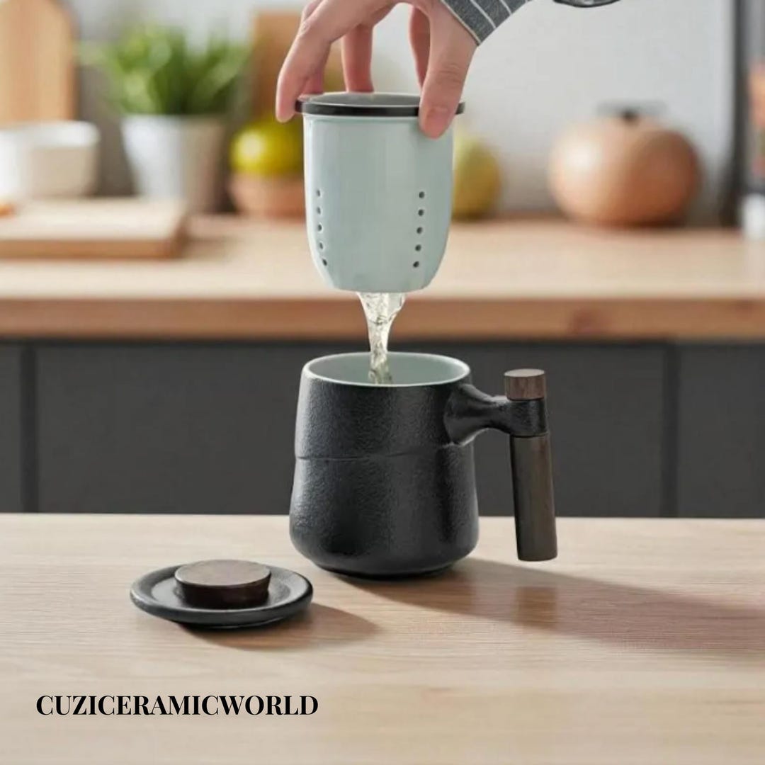 Luxury Handmade Japanese Ceramic Tea Infuser Mug – Wooden Handle ...
