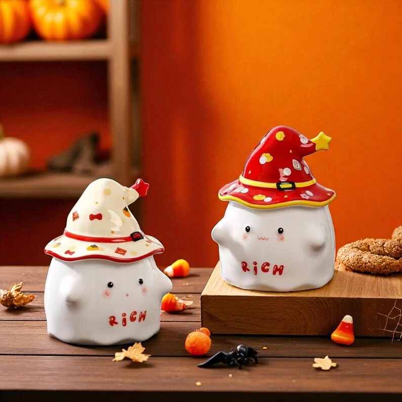Kawaii Ceramic Ghost Candy Jar: Lucky Red Hat Decor - Etsy
