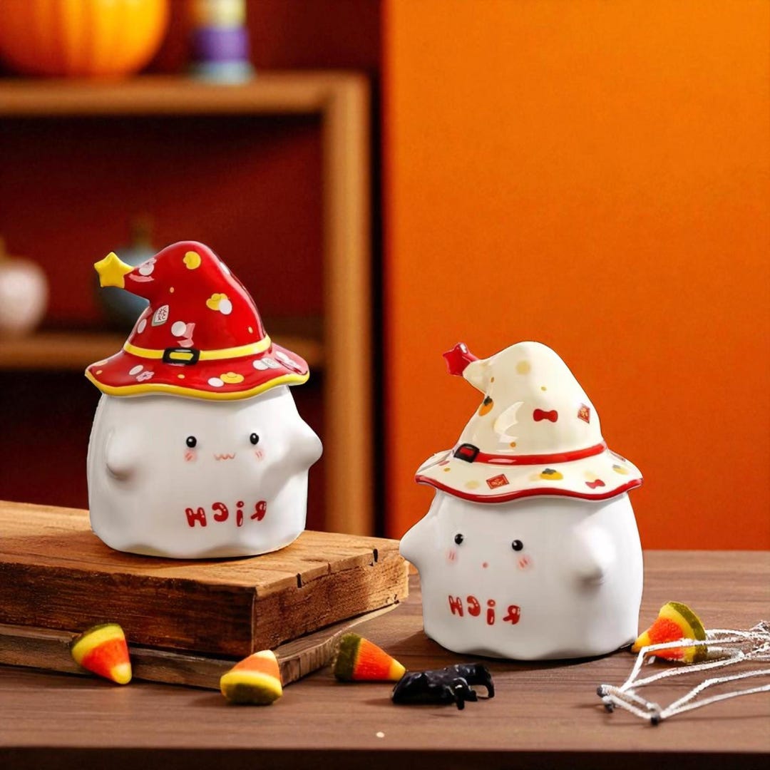 Kawaii Ceramic Ghost Jar With Red Hat: Lucky Candy Container - Etsy