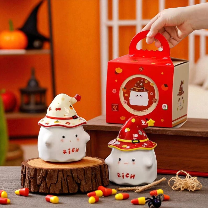 Kawaii Ceramic Ghost Candy Jar: Lucky Red Hat Decor - Etsy