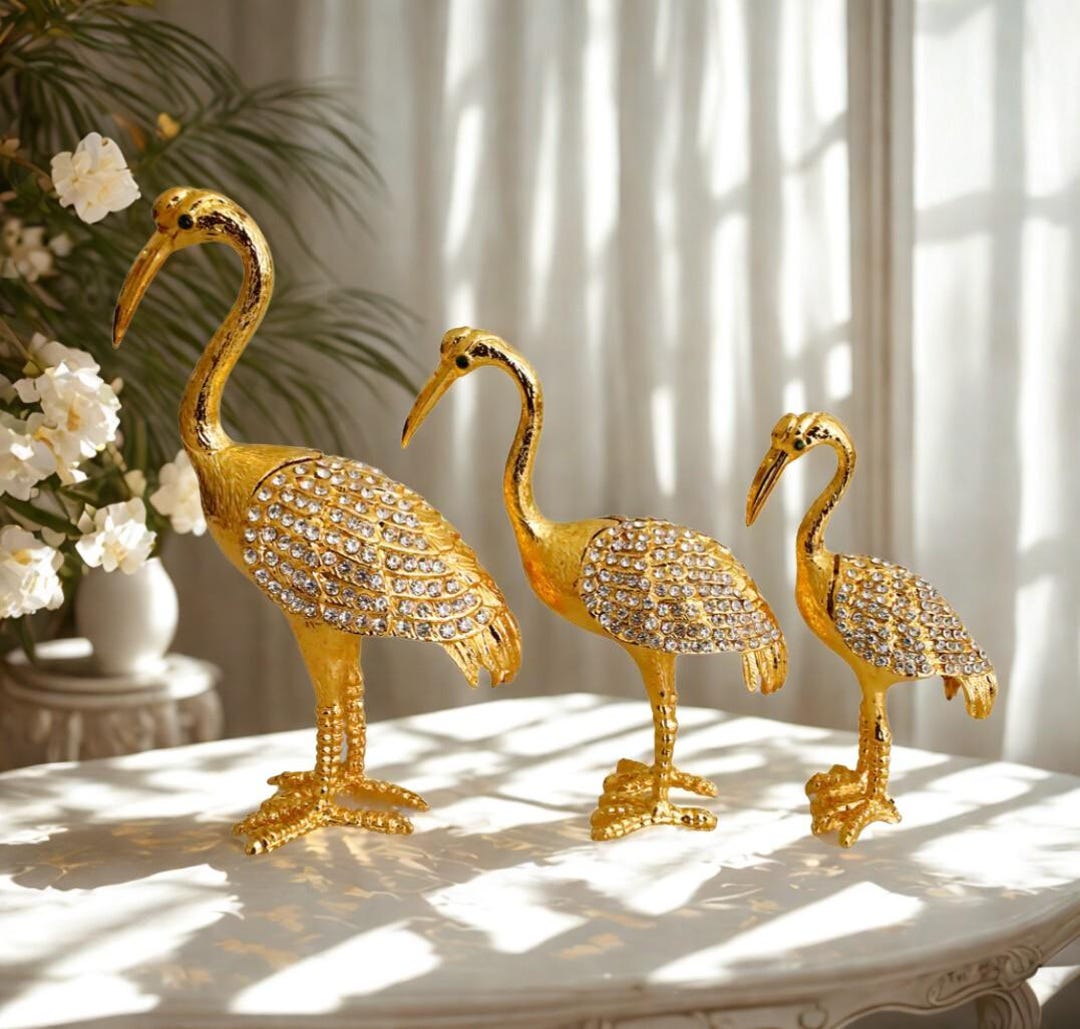 Luxury Gold Flamingo Trinket Box Set - Crystal Encrusted Bird Figurines ...