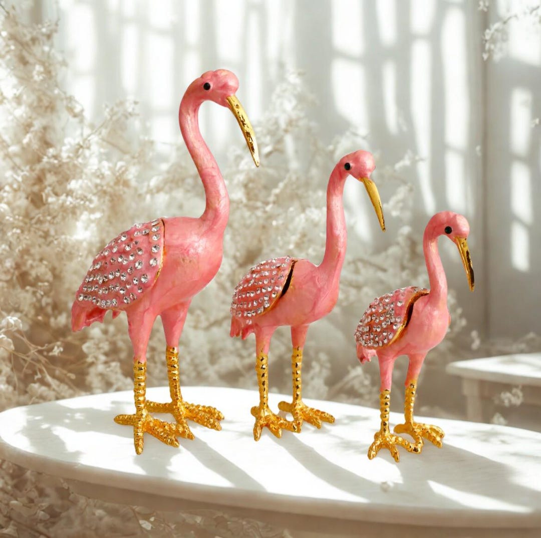 Elegant Pink Flamingo Jewelry Box Figurines | Set of 3 | Rhinestone ...
