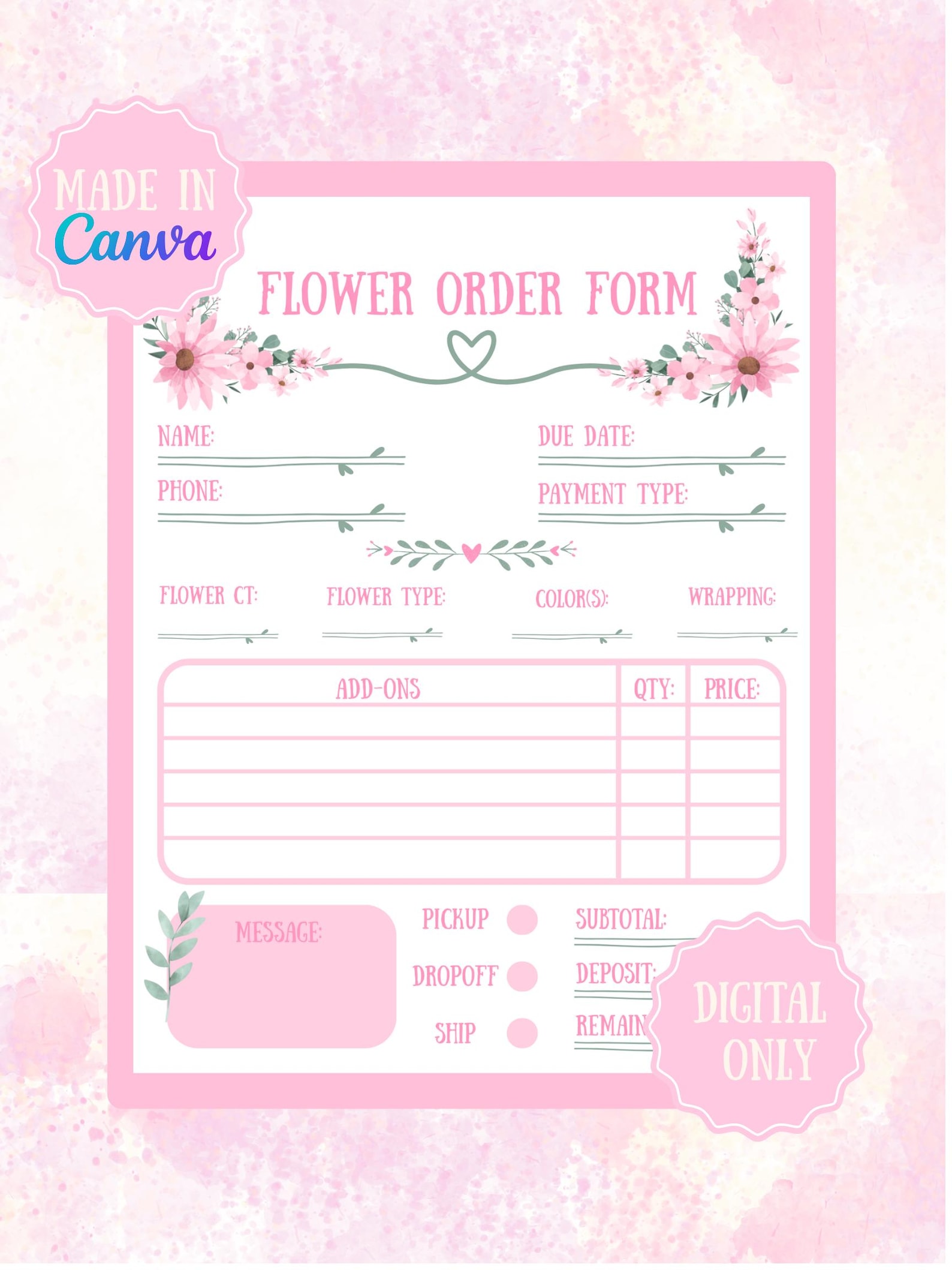 Flower Order Form for Florist Business Owners Printable Organization ...