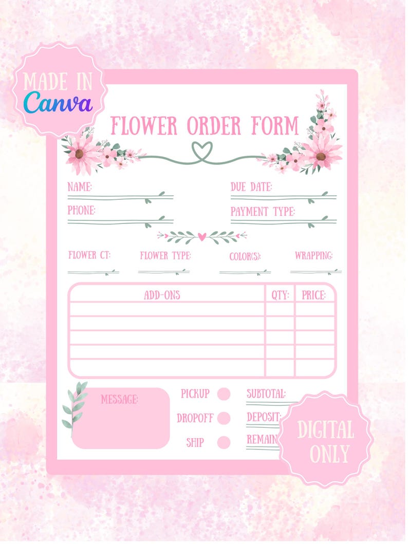 Flower Order Form for Florist Business Owners Printable Organization ...