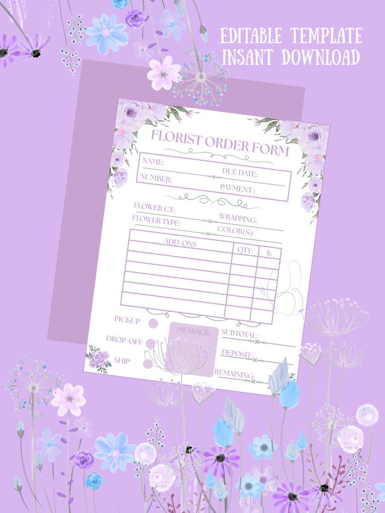 Flower Order Form for Florist Business Owners,printable, Organization ...