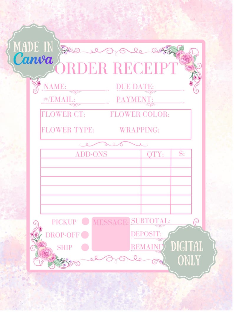 Flower Order Receipt for Florist Business Owners Printable Organization ...