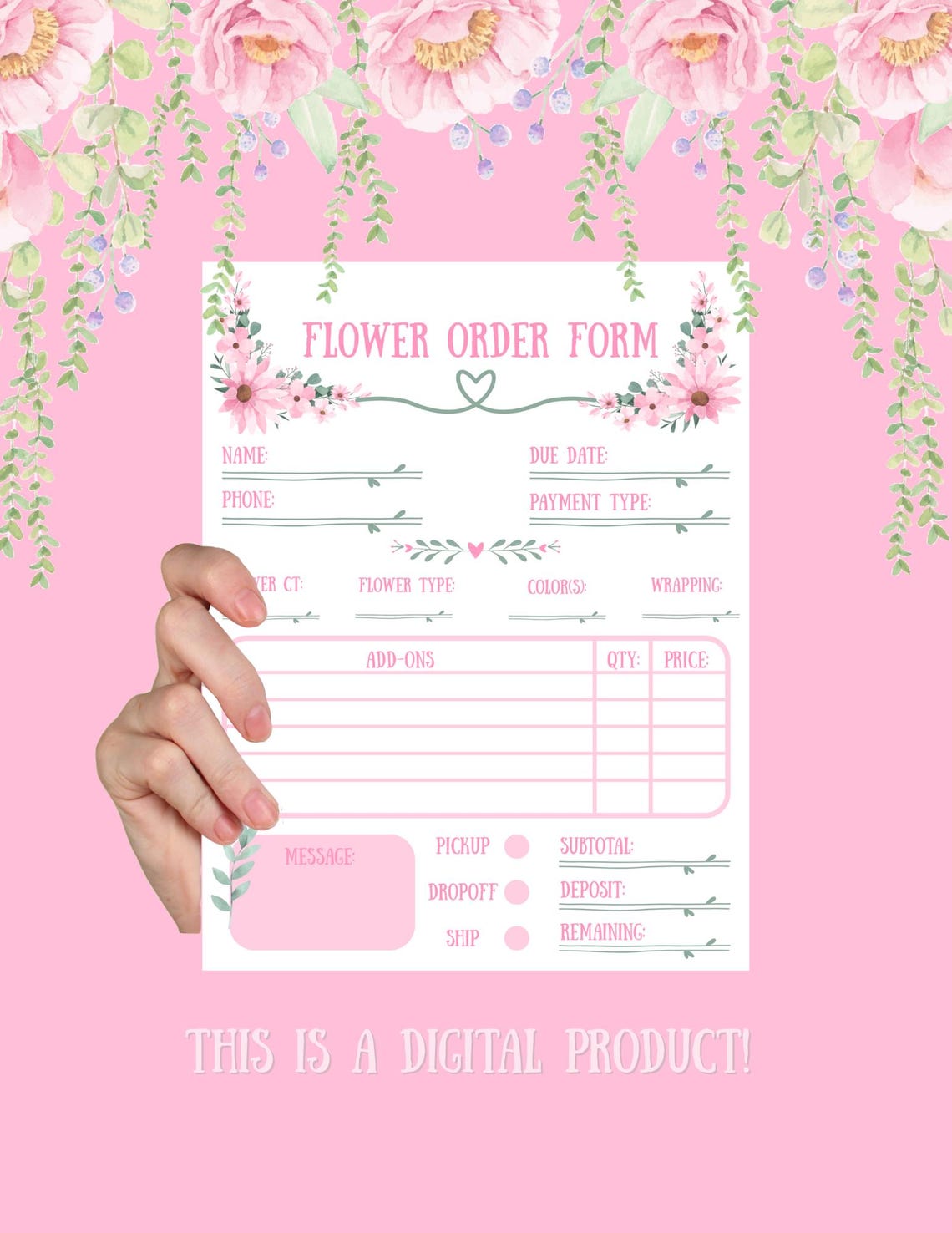 Flower Order Form for Florist Business Owners Printable Organization ...
