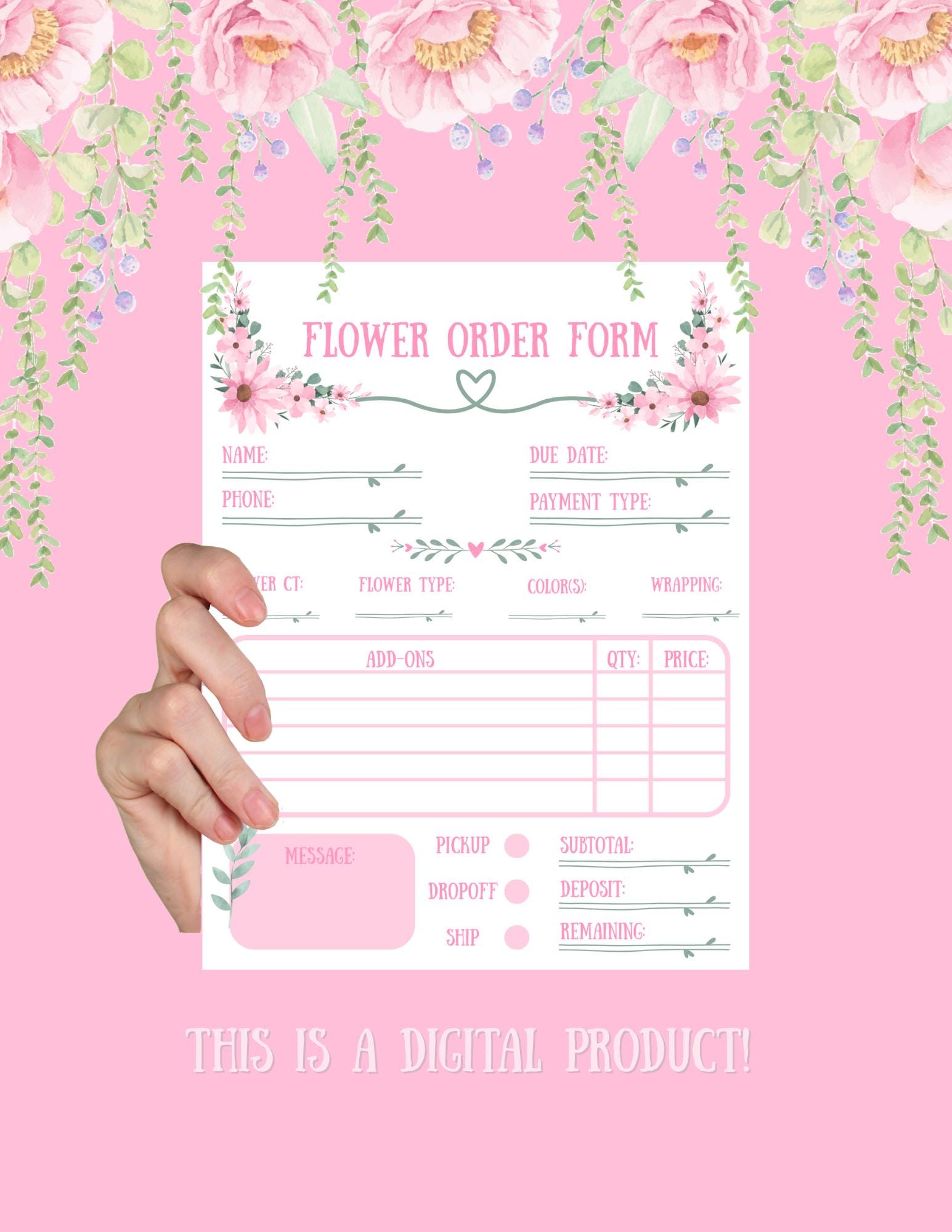 Flower Order Form for Florist Business Owners Printable Organization ...