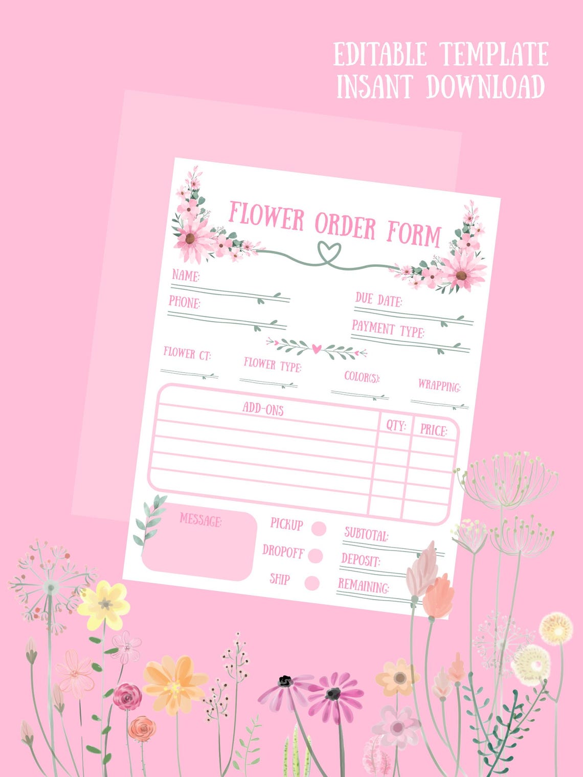 Flower Order Form for Florist Business Owners Printable Organization ...