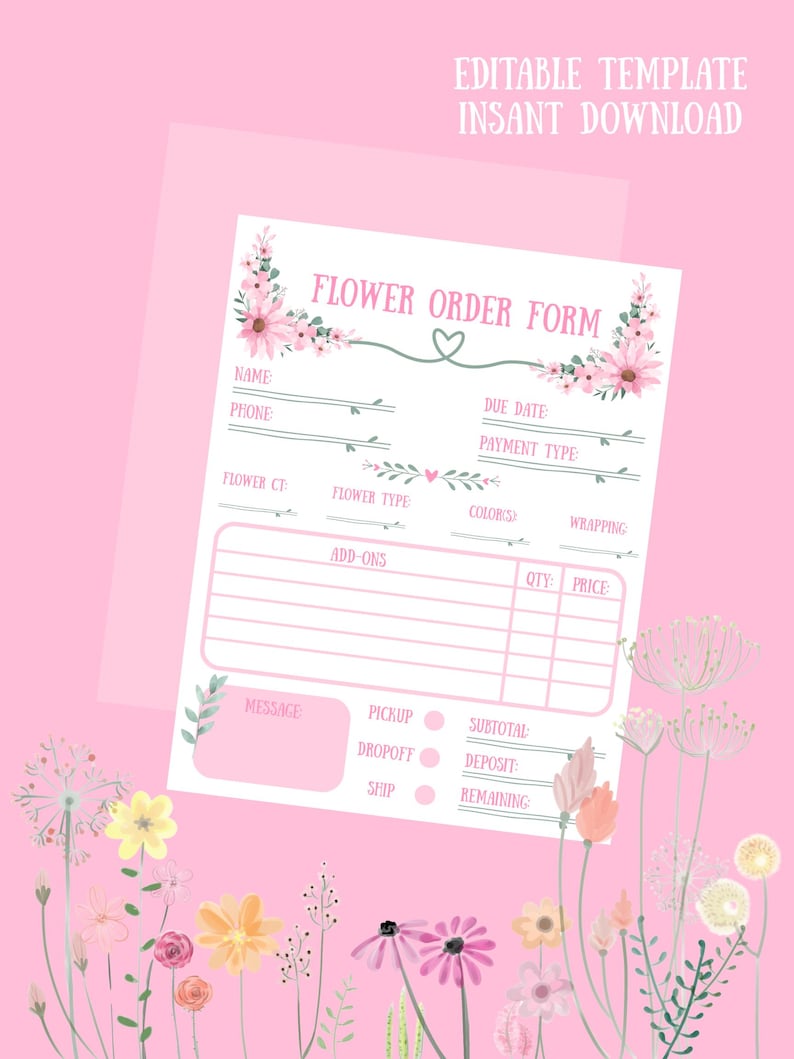 Flower Order Form for Florist Business Owners Printable Organization ...