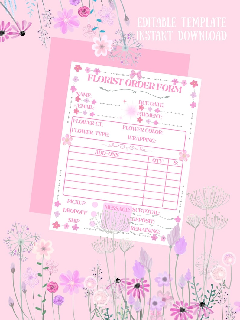 Flower Order Form for Florist Business Owners Printable Organization ...