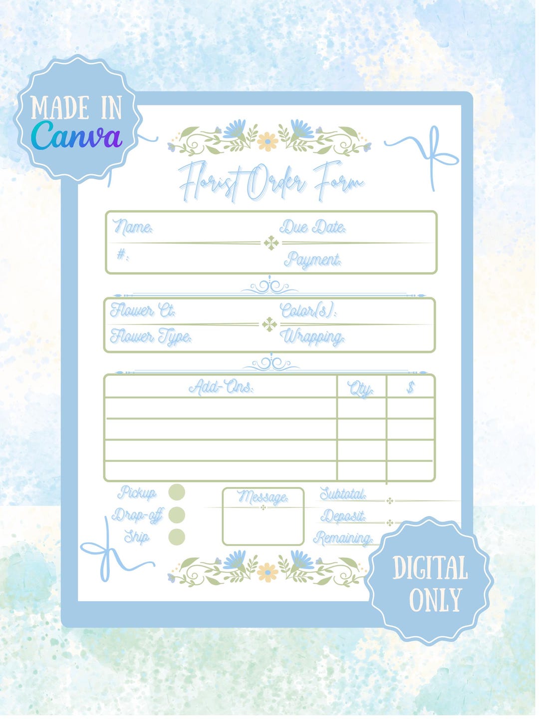 Flower Order Form for Florist Business Owners,printable, Organization ...