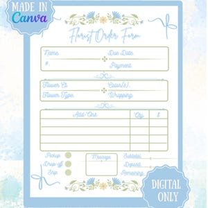 Flower Order Form for Florist Business Owners,printable, Organization ...
