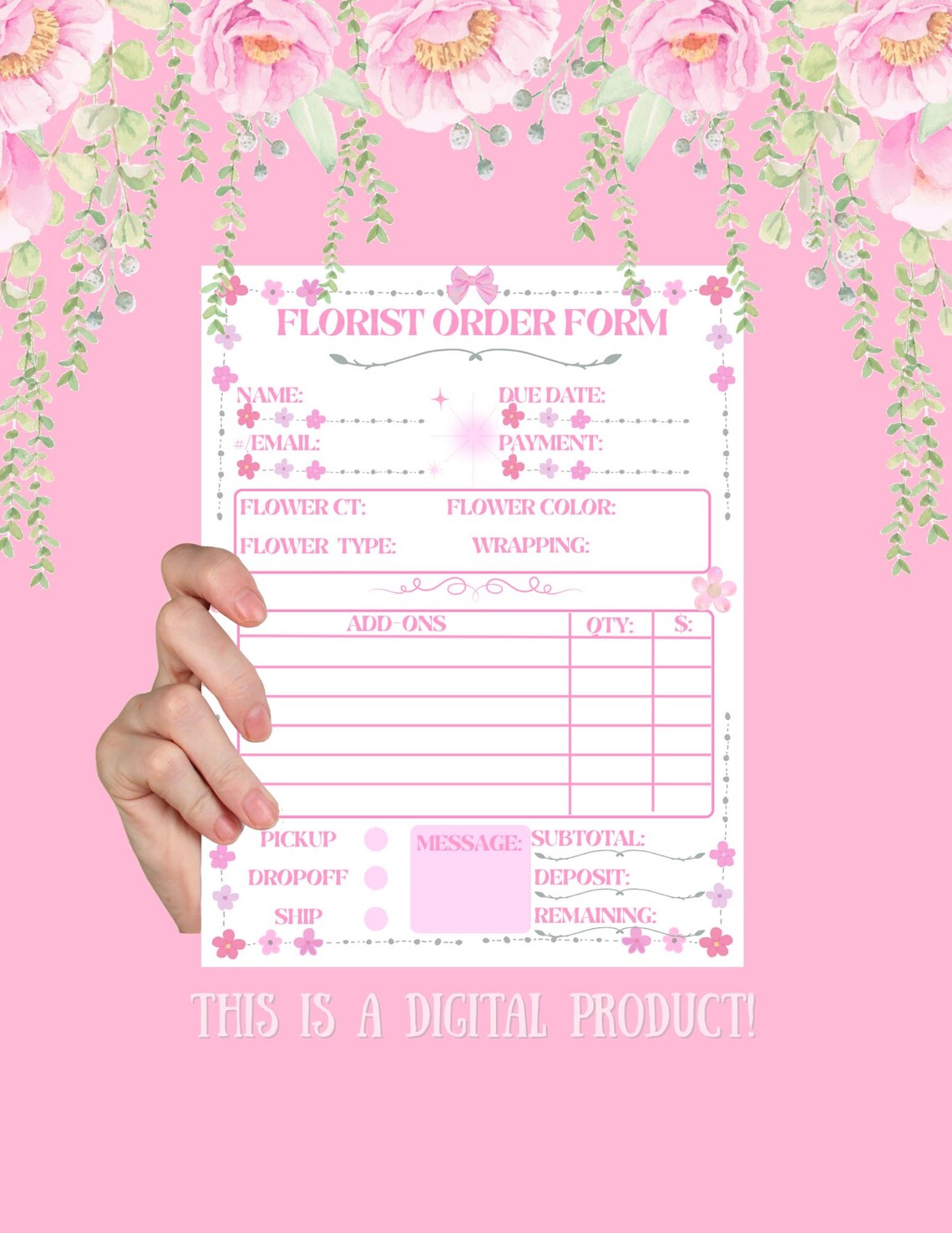 Flower Order Form for Florist Business Owners Printable Organization ...